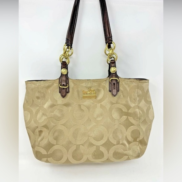 Coach | Bags | Coach Mia Op Art Lurex Brown Sateen Leather Trim Gold ...